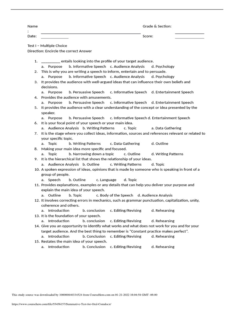 Summative Test For Oral Com | PDF | Persuasion | Rhetoric