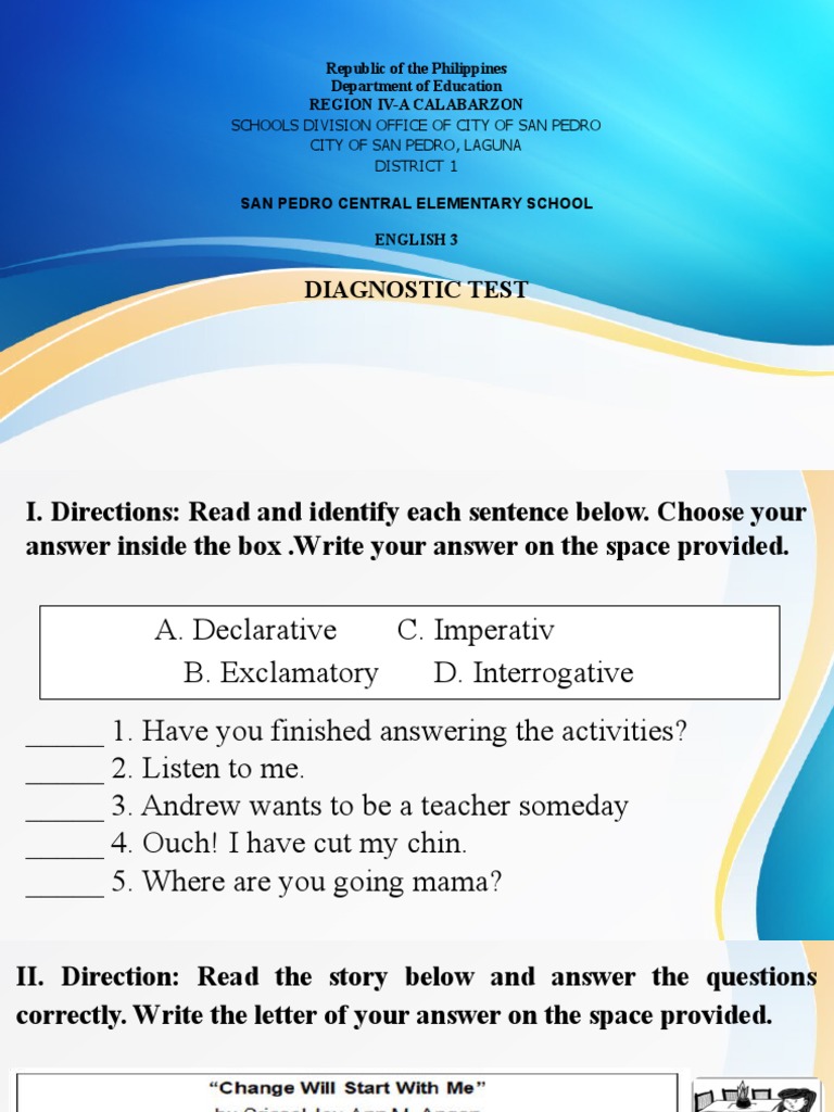 English 3 Diagnostic Test Overview | PDF | Grammar | Linguistics