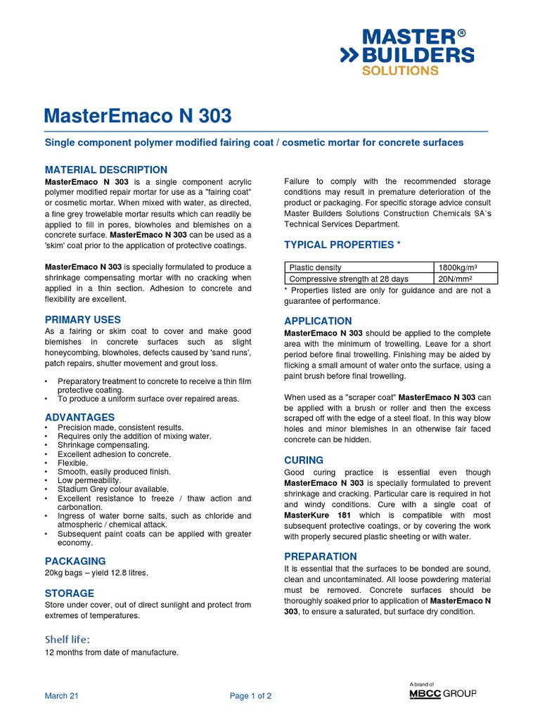 Masteremaco N 303 Tds | PDF | Concrete | Chemistry