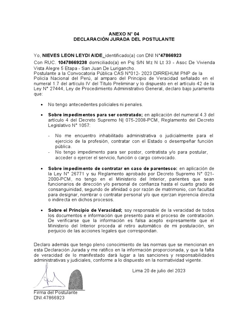 ANEXO #04 Declaracion Jurada | PDF | Gobernancia | Justicia