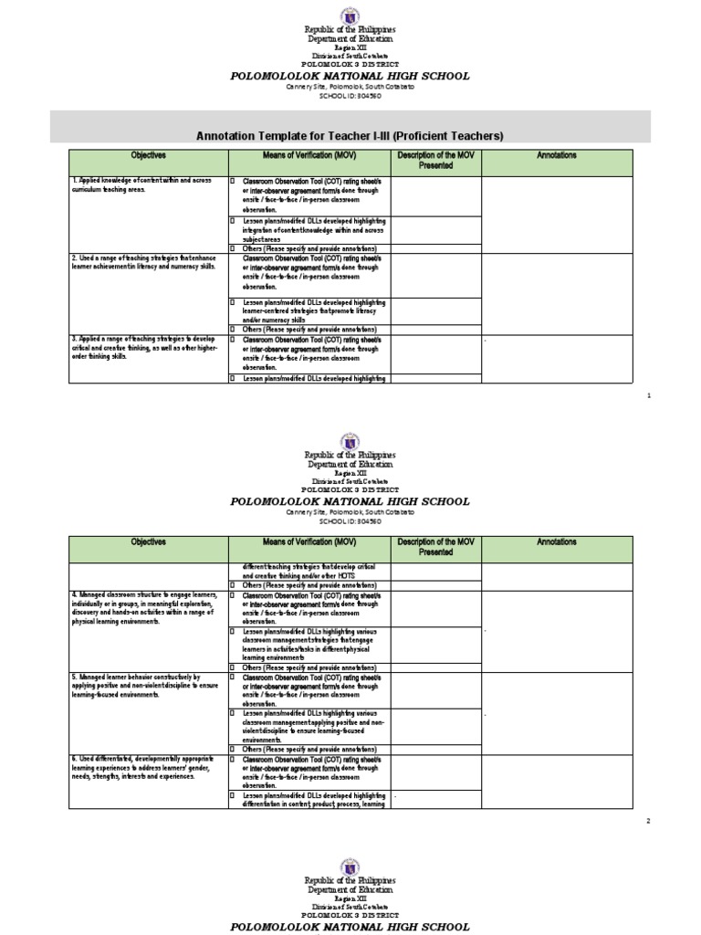 Teacher I Iii Annotationtemplate Pdf Lesson Plan Educational Assessment