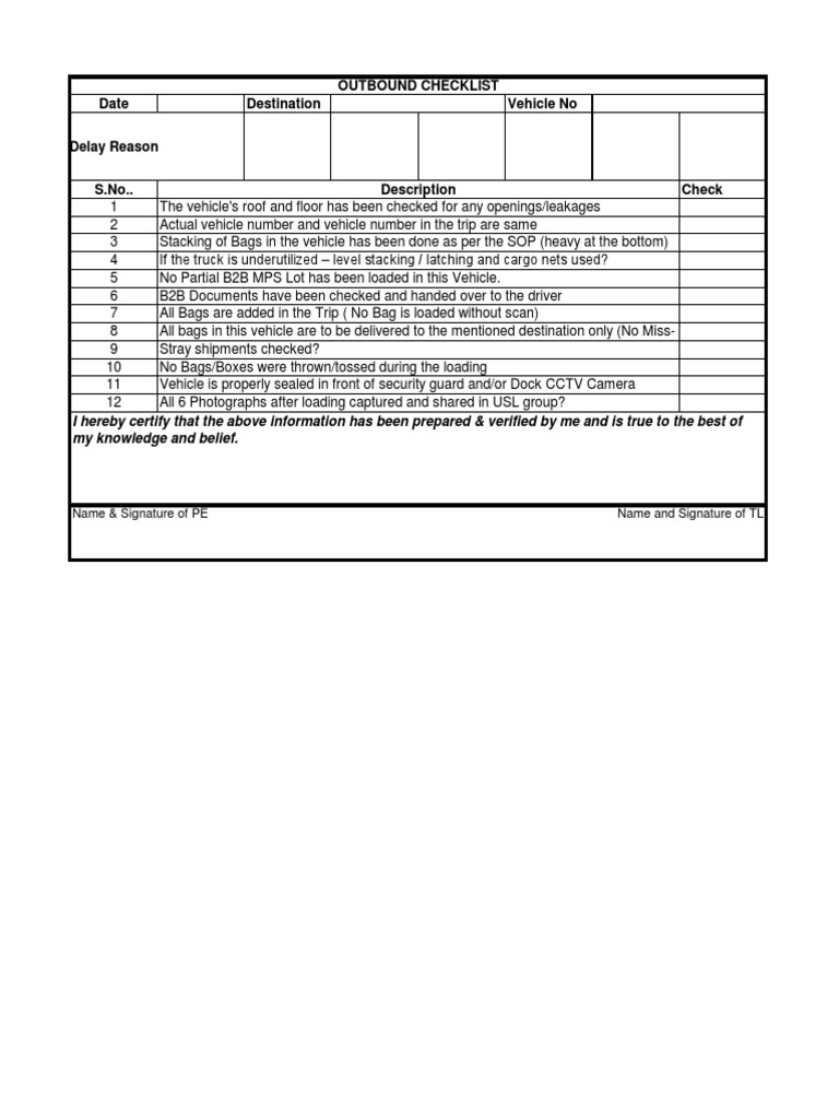 Outbound Vehicle Inspection Checklist | PDF