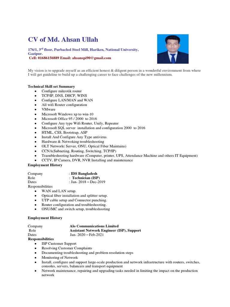 Ahsan Ullah (CV) FBL | PDF | Computer Network | Router (Computing)
