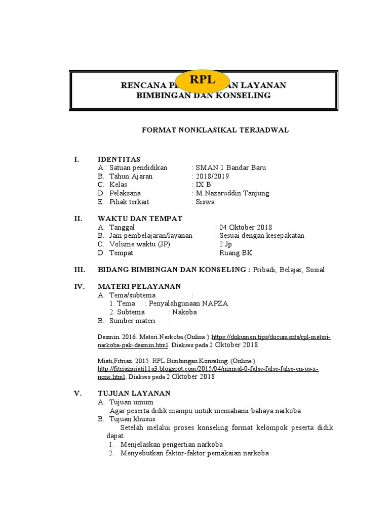 RPL - Rencana - Pelaksanaan - Layanan - Bimbingan Konseling | PDF