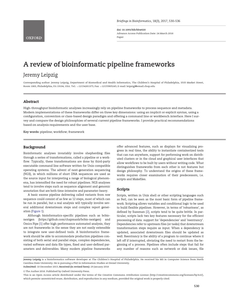 A Review of Bioinformatic Pipeline Frameworks | PDF | Bioinformatics | Dna Sequencing