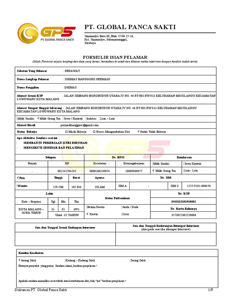 Form Isian Pelamar PT. GPS | PDF