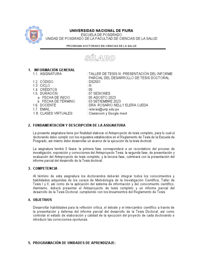 Sílabo Taller de Tesis III | PDF | Doctorado | Cognición Sílabo Taller de Tesis III | PDF | Doctorado | Cognición