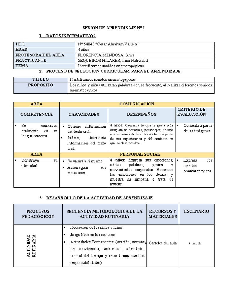 Sesion de Aprendizaje Sonidos Onomatopeyicos | PDF | Aprendizaje | Las emociones