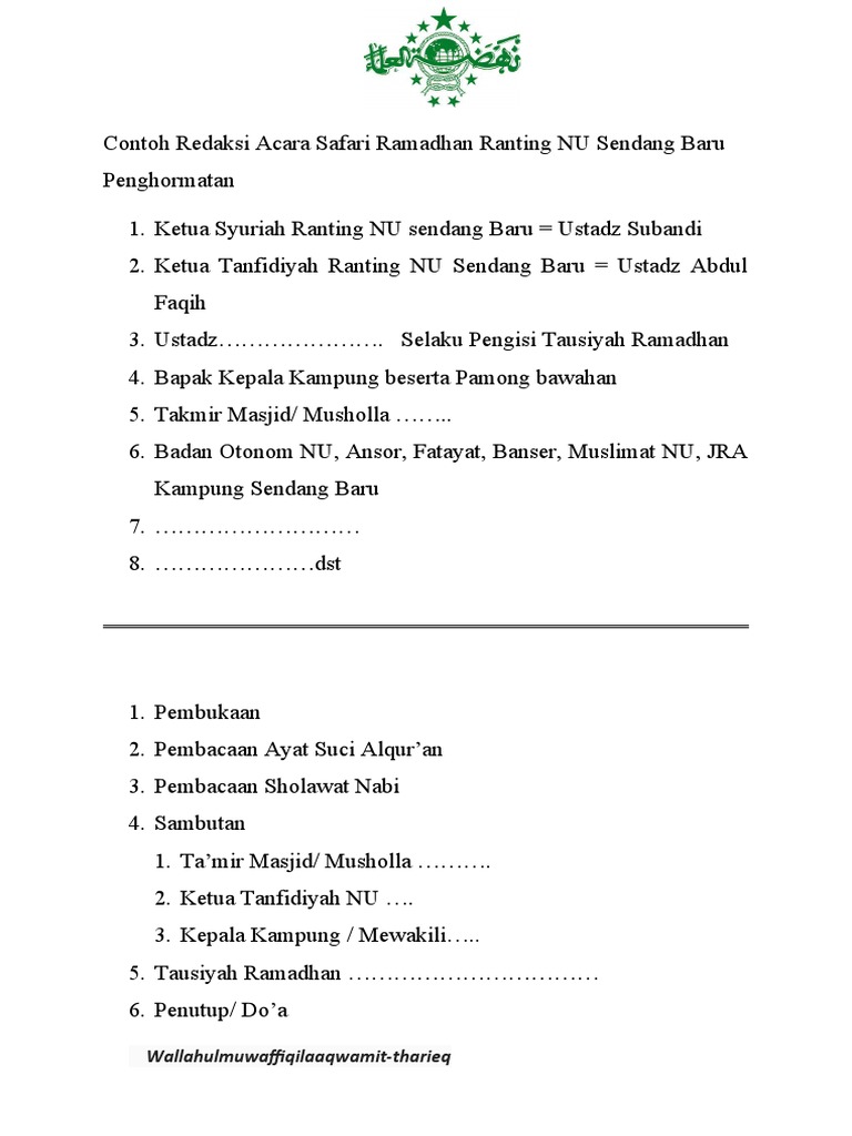 Contoh Redaksi Acara Safari Ramadhan Ranting NU Sendang Baru | PDF