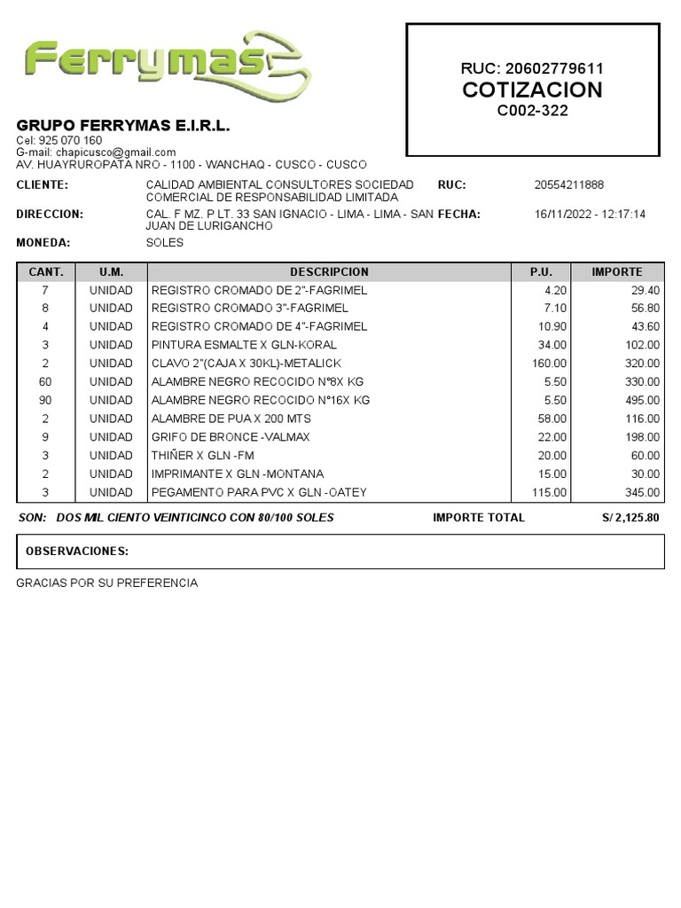 Cotizacion C002 322 20221116 | PDF