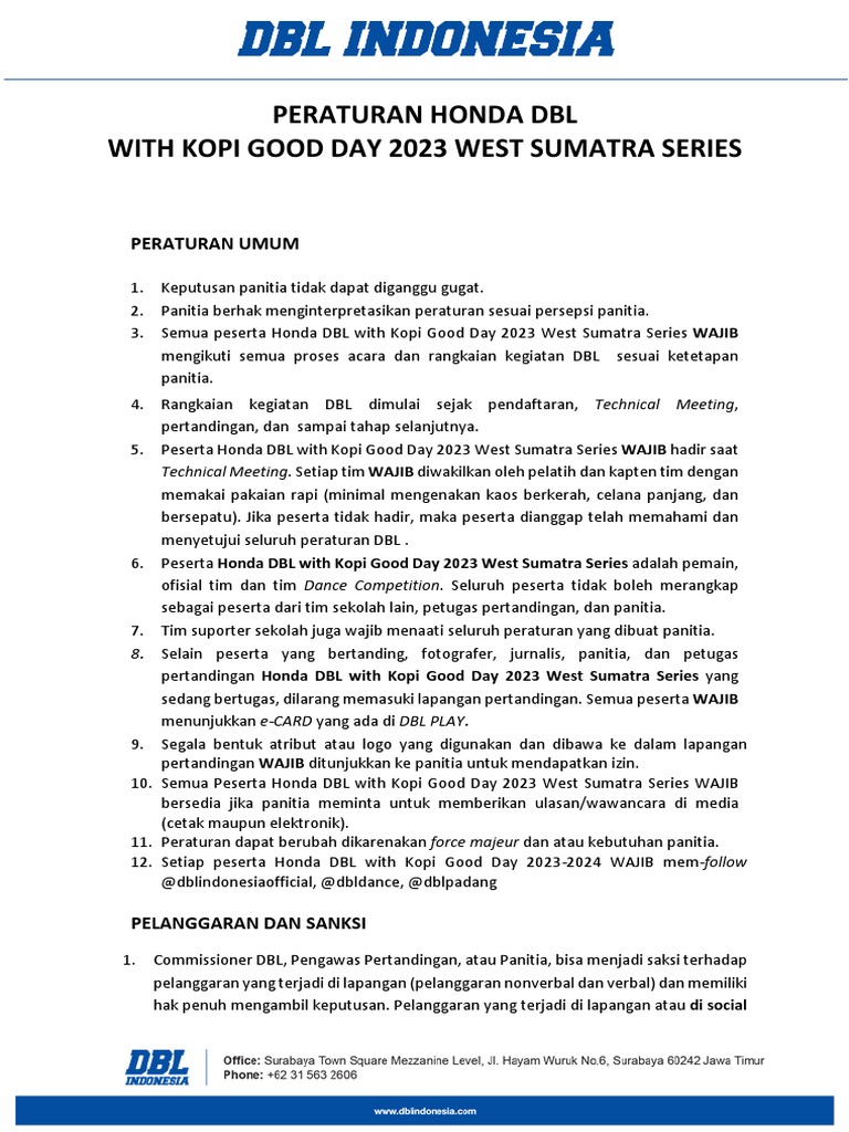 PERATURAN BASKET DBL With Kopi Good Day 2023 West Sumatra Series | PDF