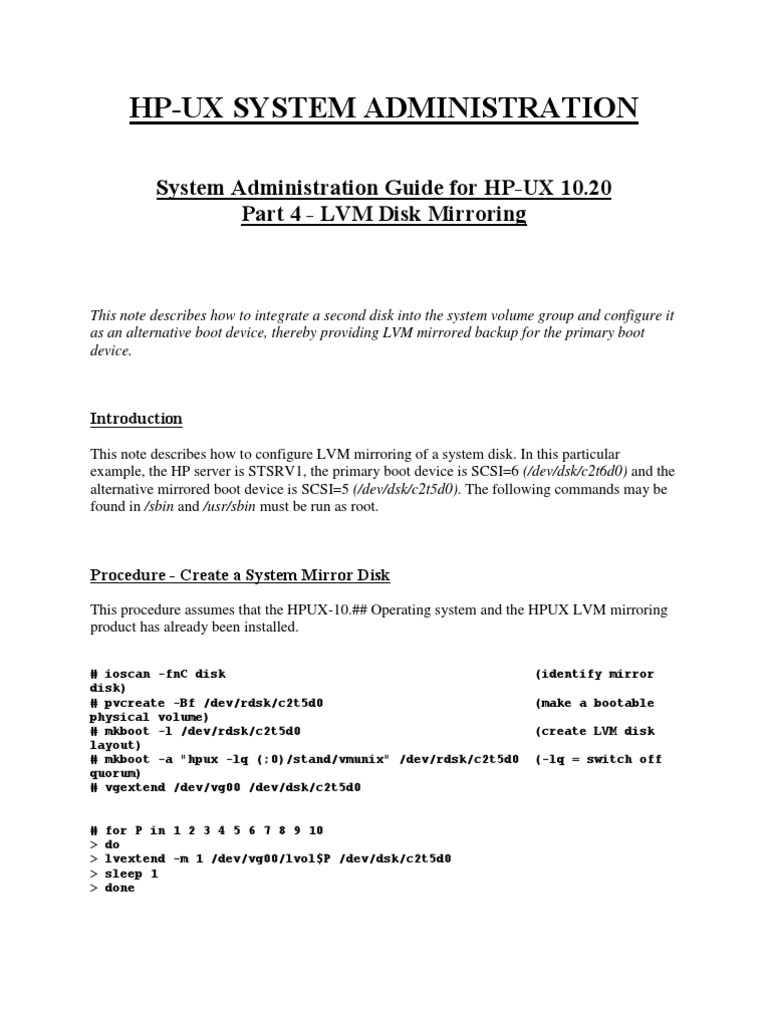 System Administration Guide For HP-UX 10.20 Part 4 - LVM Disk Mirroring ...