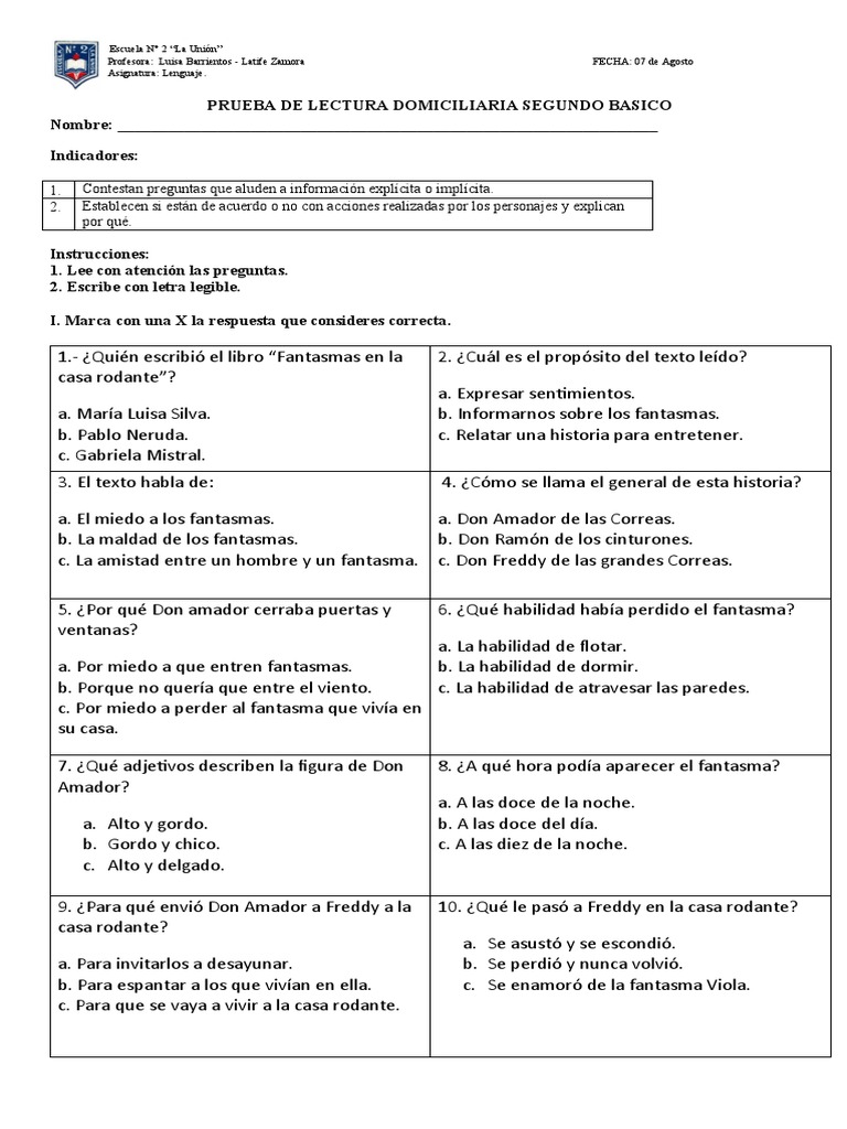 Evaluacion Comprension de Lectura Fantasmas de La Casa Rodante | PDF
