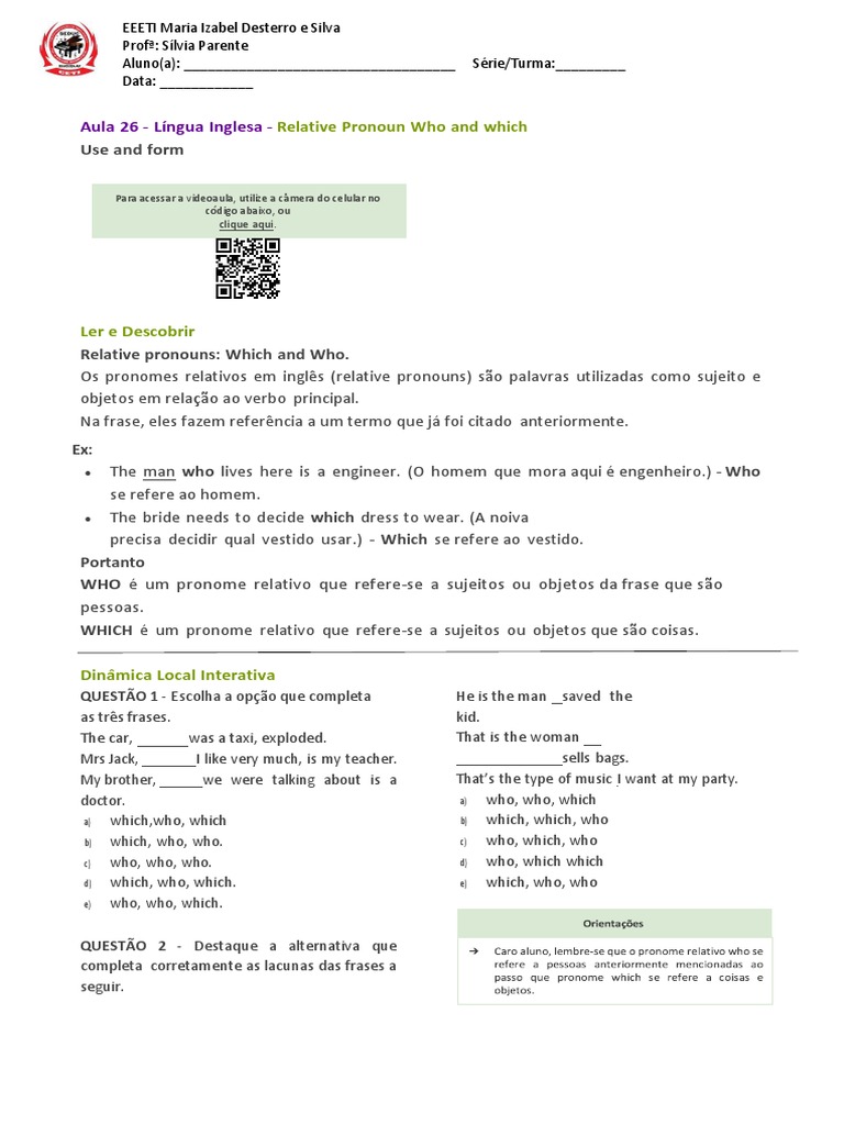 Aula 26 - Relative Pronoun Who and Which | PDF