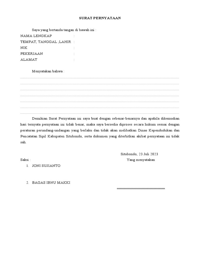 Surat Pernyataan (Form Capil) | PDF