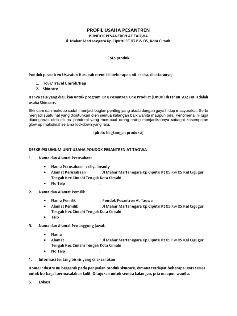 Contoh Profil Usaha Pesantren - Attaqwa | PDF