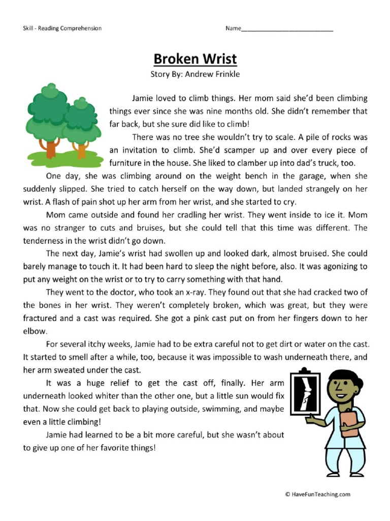 Free Broken Wrist Fourth Grade Reading Comprehension Worksheet | PDF