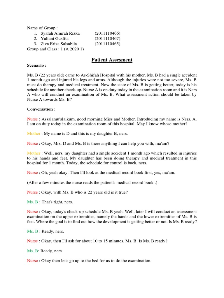 Kelompok 1 - A 2020 1 - SL Patient Assesment | PDF | Nursing | Hospital