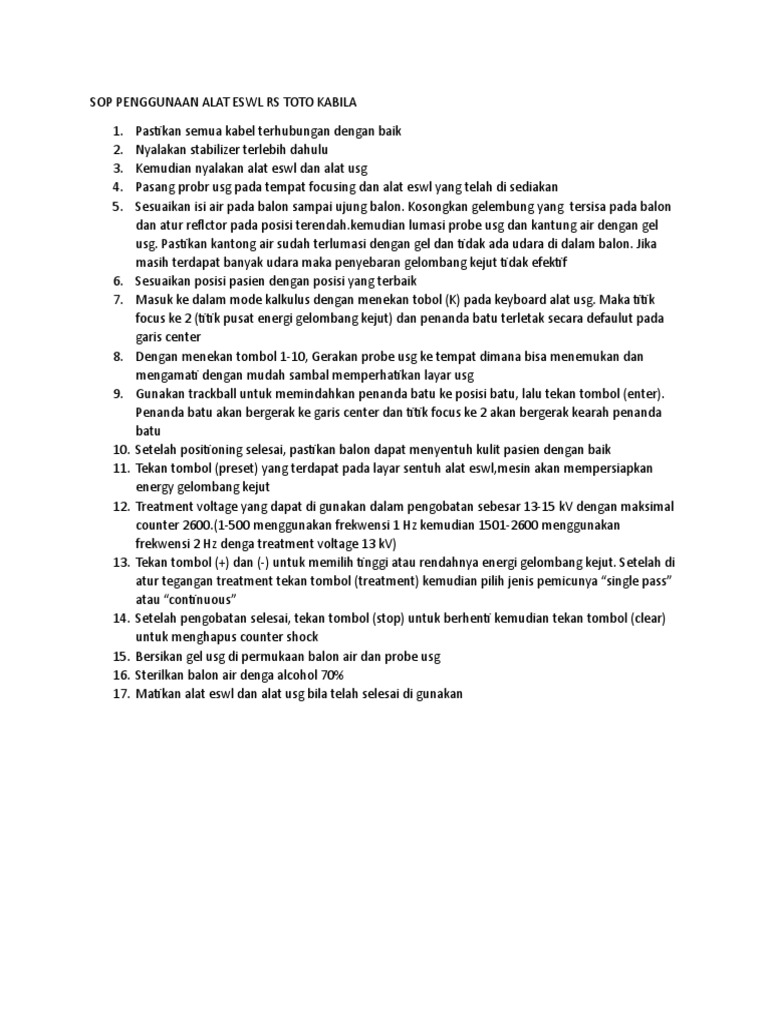 Sop Penggunaan Alat Eswl RS Toto Kabila PDF