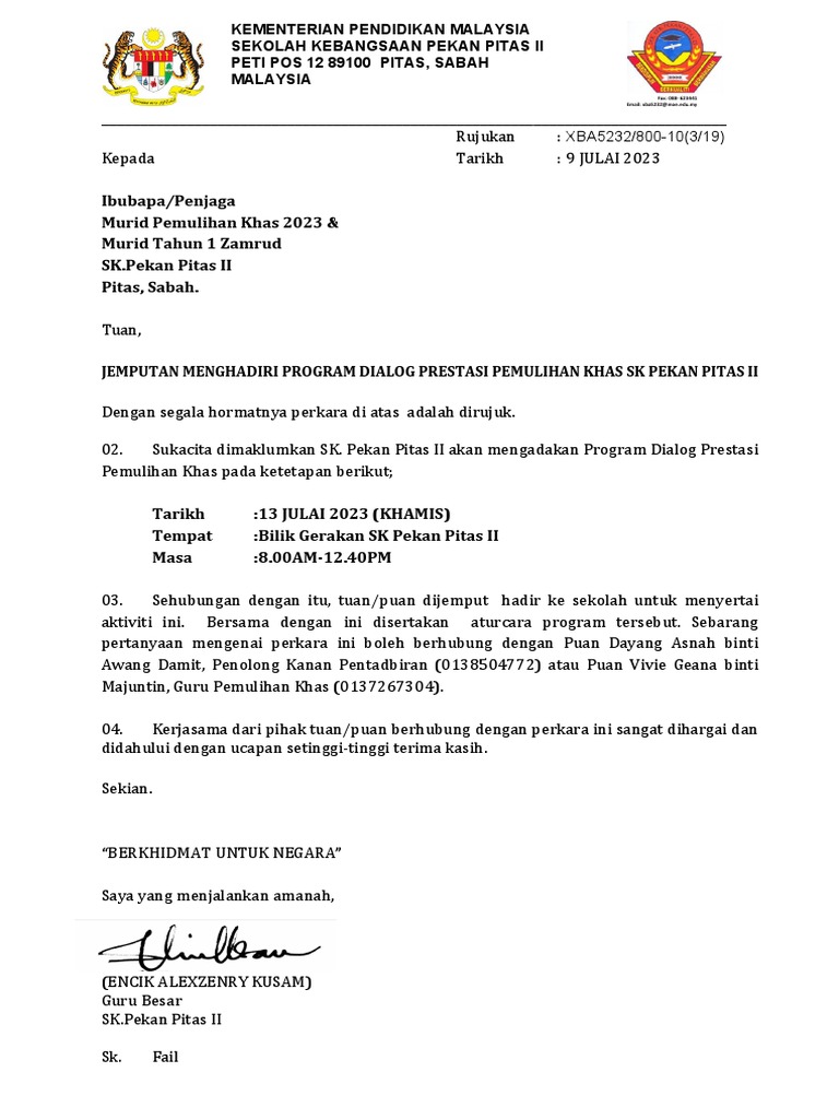 Surat Jemputan Dialog Prestasi | PDF