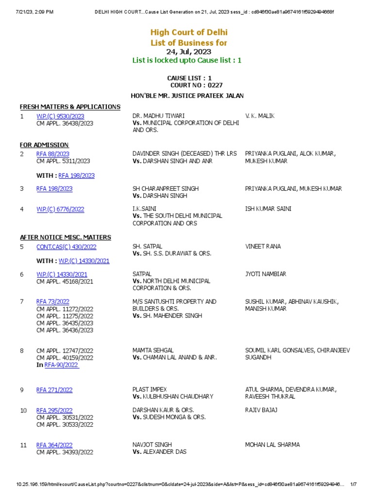 Cause List 24th | PDF | Delhi