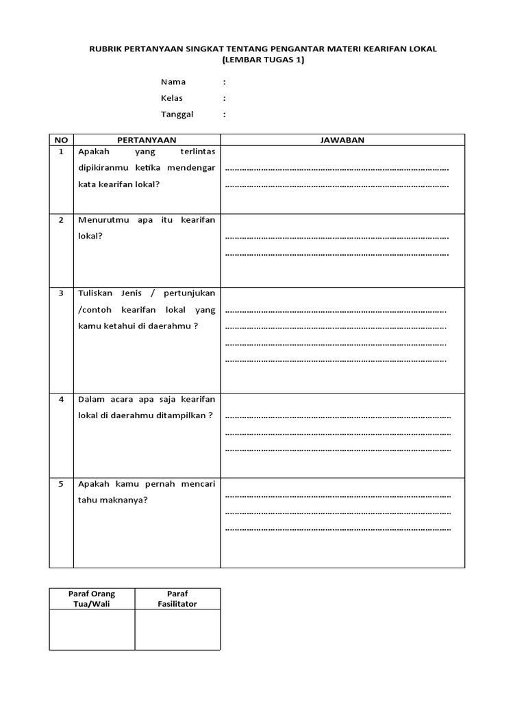 Rubrik p5 Kearifan Lokal X A | PDF