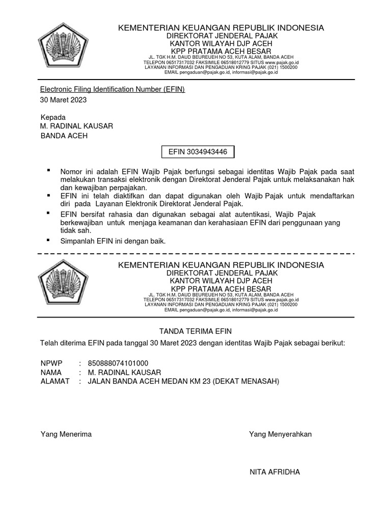 Penerimaan EFIN Wajib Pajak M. Radinal Kausar | PDF