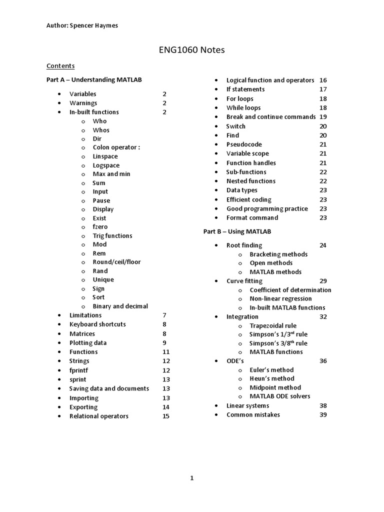 ENG1060 Notes | PDF | Matlab | Algorithms