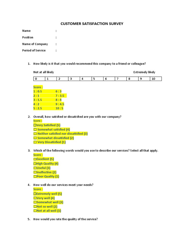 CUSTOMER SATISFACTION SURVEY Questionaire-Score | PDF | Customer ...