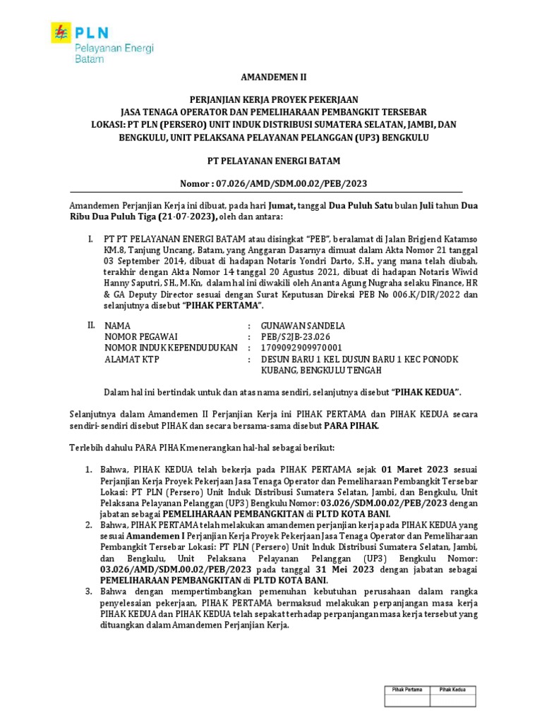 Draft Amandemen II-perpanjangan Waktu PKWT s2jb Up3 - PLTD Kota Bani | PDF