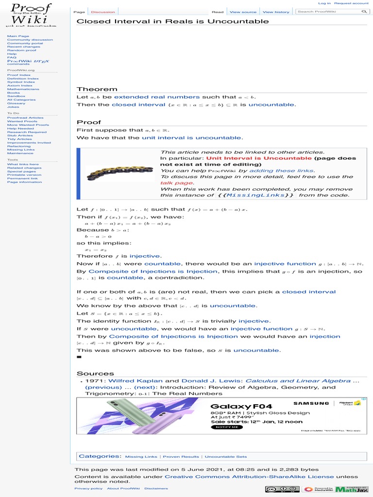 Closed Interval in Reals Is Uncountable - ProofWiki | PDF | Real Number ...