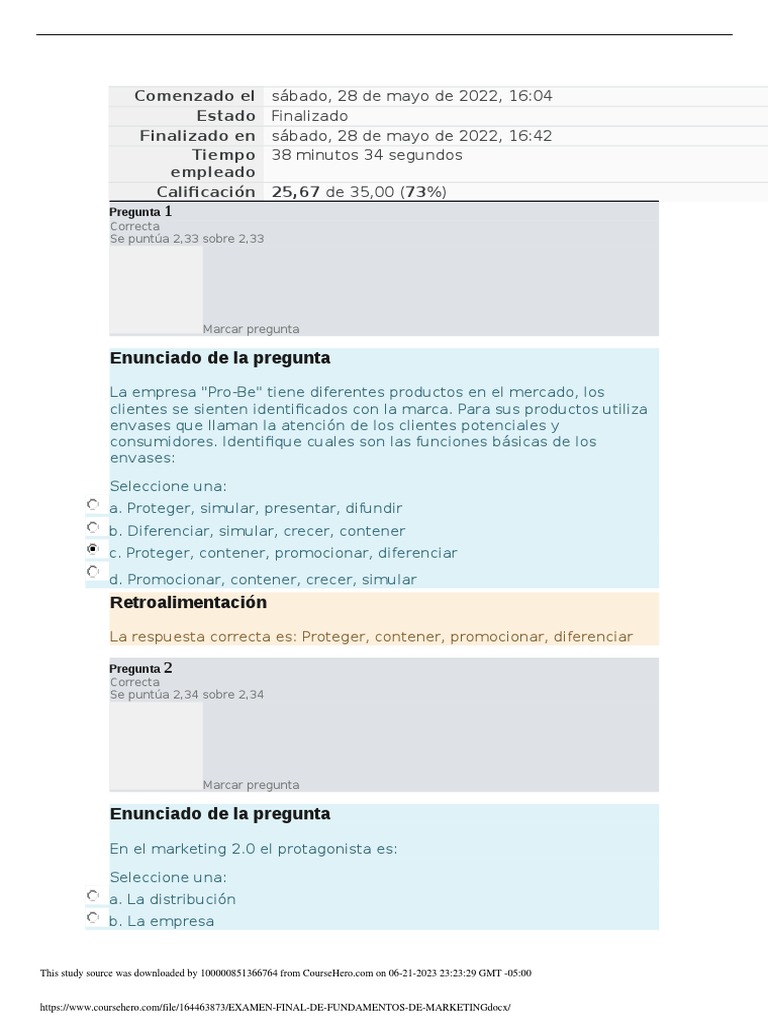 Examen Final de Fundamentos de Marketing | PDF | Marketing | Producto ...