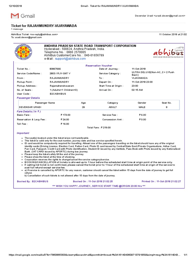 Gmail - Ticket For Rajahmundry-Vijayawada | PDF | Identity Document | Transport