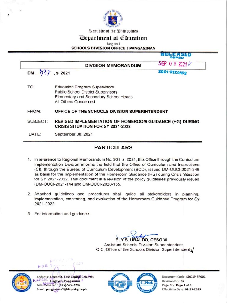 DM332s2021-Revised Implementation of Homeroom GUidance (HG) During Crisis Situation For SY 2021 ...