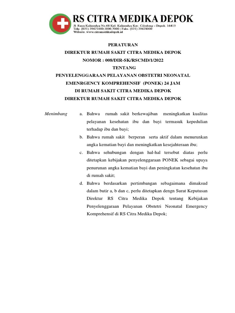 Kebijakan PONEK 24 Jam RS Citra Medika | PDF