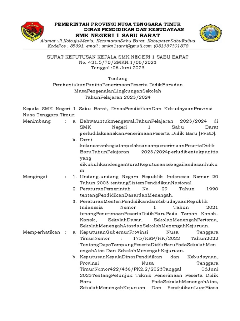 SK PPDB SMK 1 SABAR TAHUN PELAJARAN 2023-2024 Fix | PDF