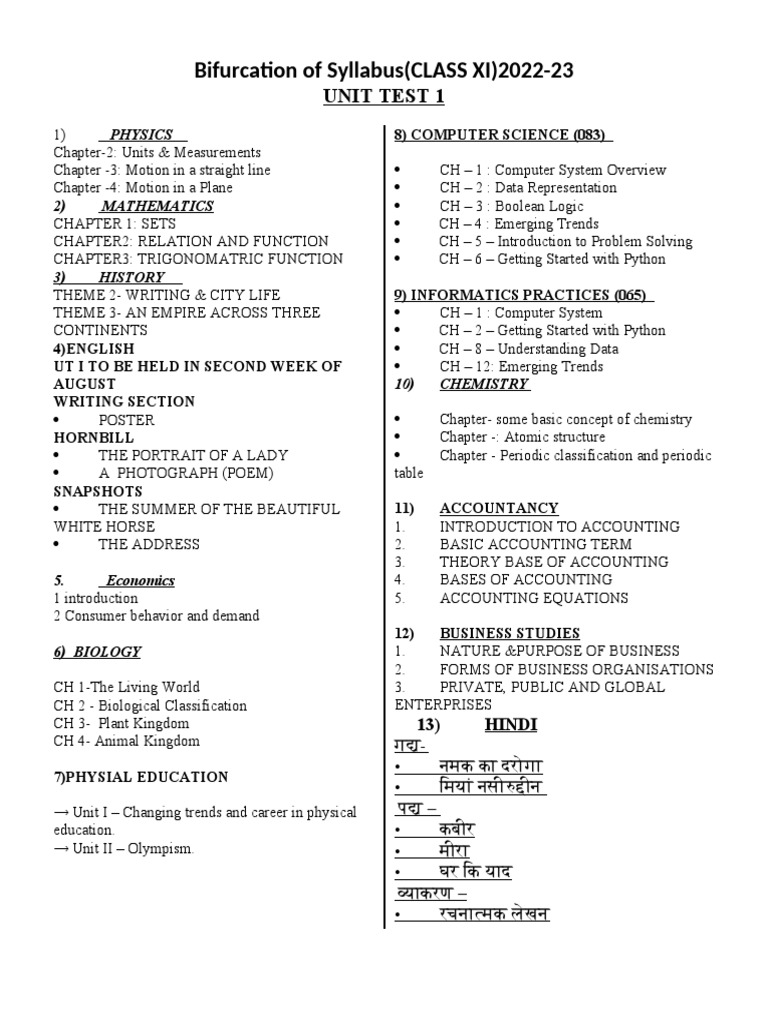 Class 11 Syllabus Bifurcation | PDF | Physics | Computer Science