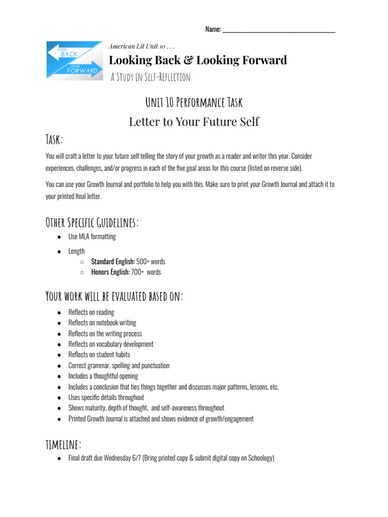 Unit 10 Performance Task: Letter To Your Future Self | PDF | Writing ...