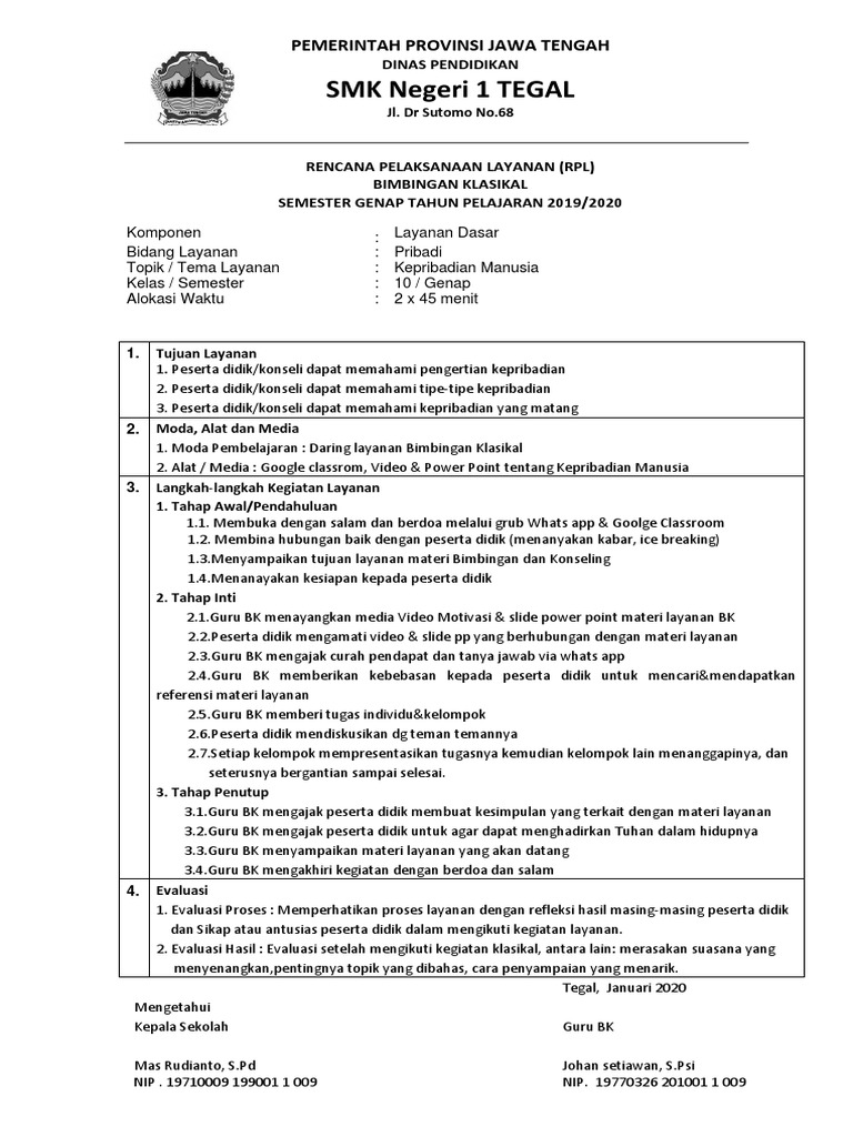 Rencana Layanan Bimbingan Kepribadian | PDF | Karier & Perkembangan ...