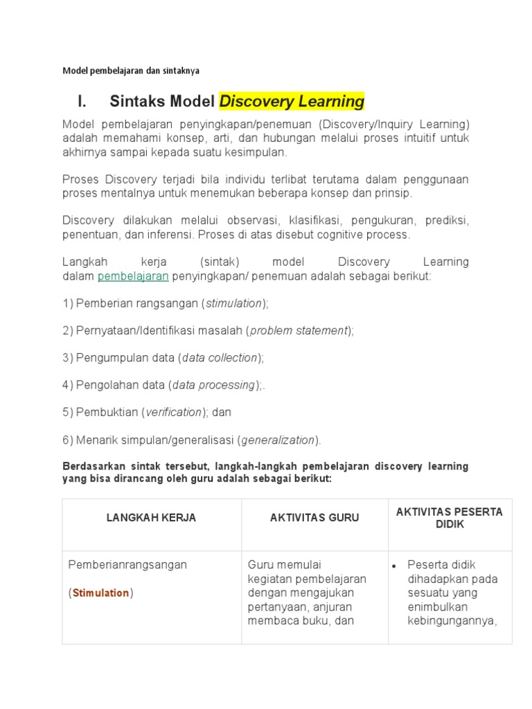 Sintaks Model Pembelajaran Discovery Learning | PDF
