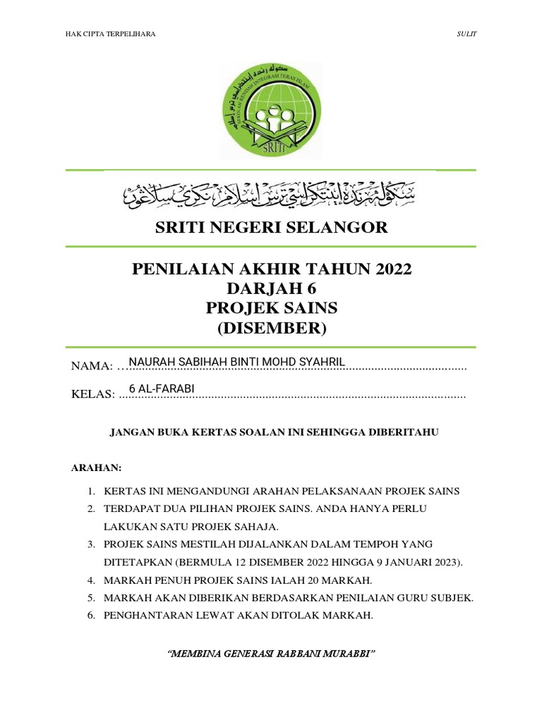 Projek Sains Darjah 6 (PAT) | PDF