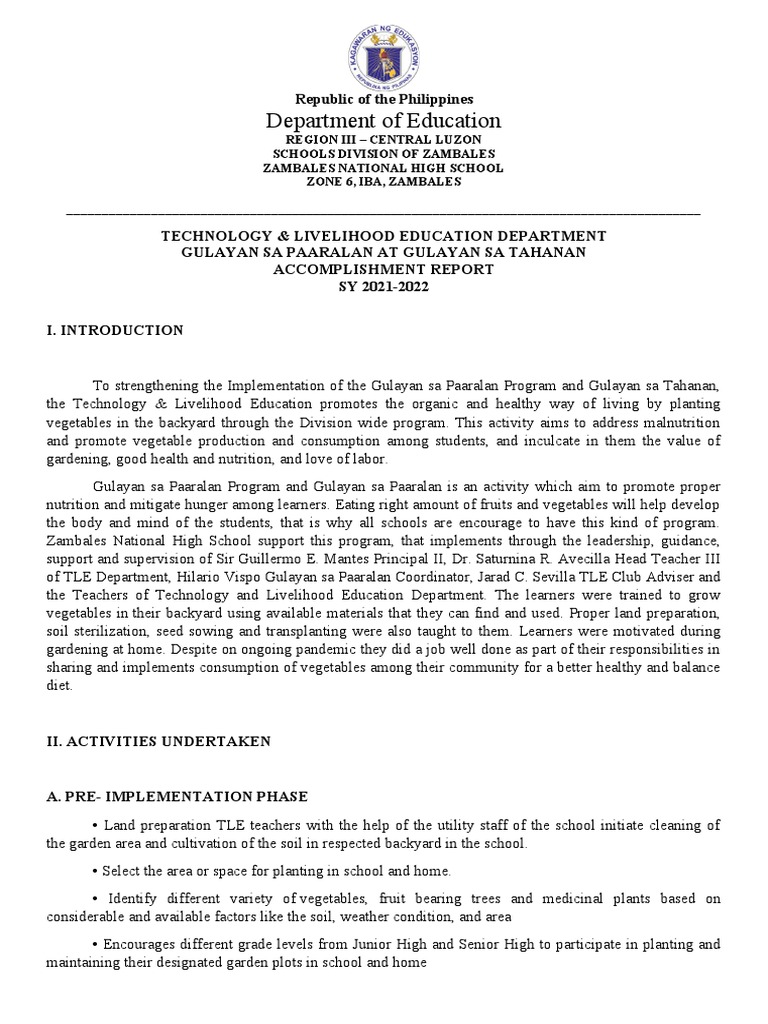 Gulayan sa Paaralan Accomplishment Report | PDF | Vegetables | Agriculture