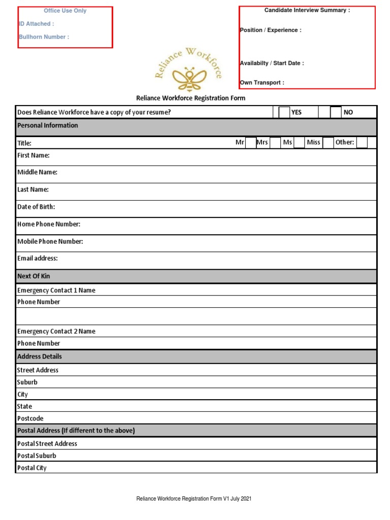 Reliance Workforce - Employment Application From | PDF | Travel Visa ...