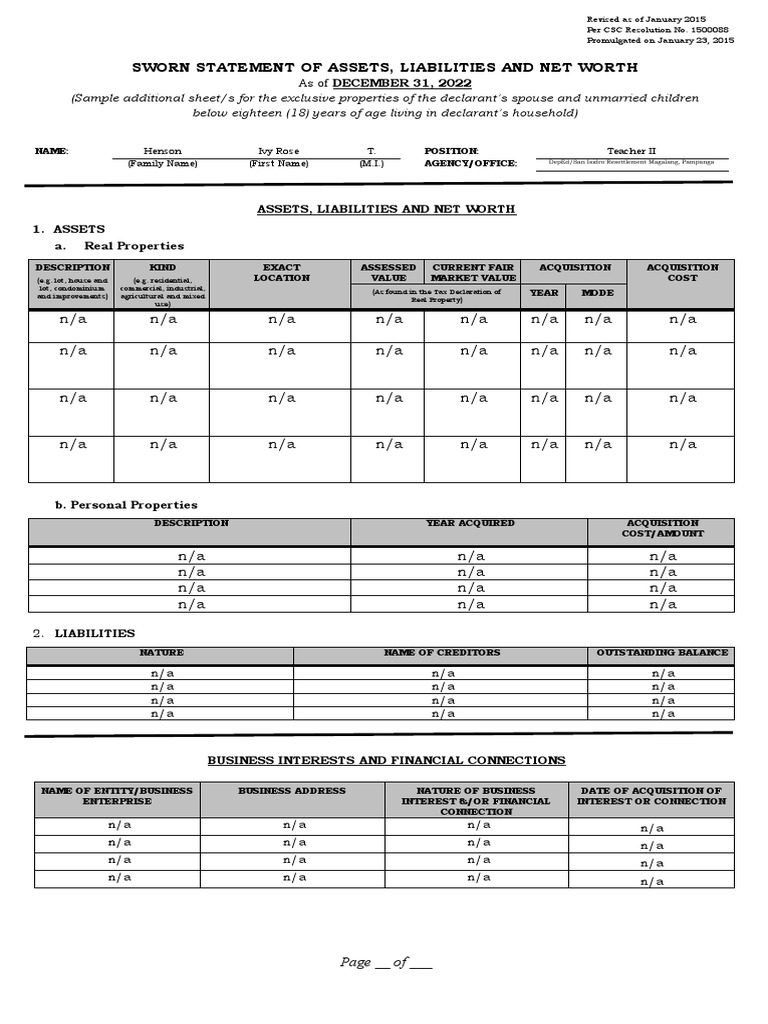 Ivy-Rose-T - Henson-2022-SALN Additional Sheets | PDF | Net Worth | Private Law
