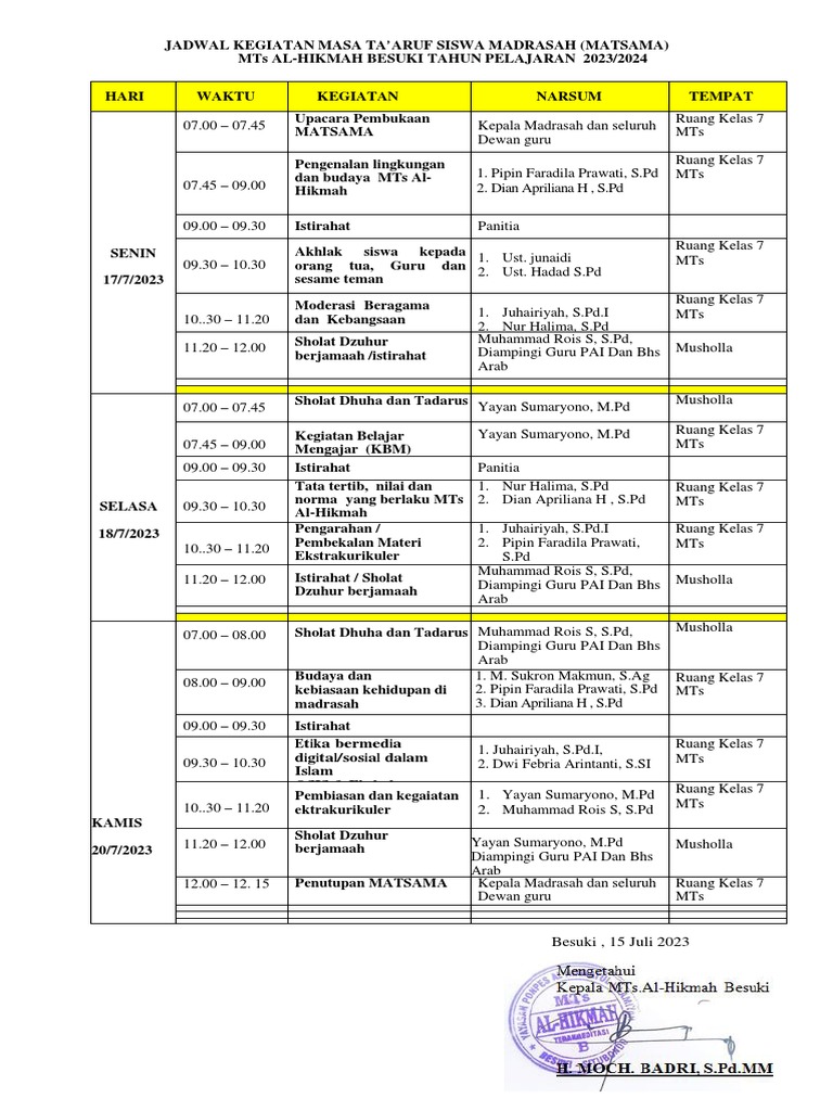 JADWAL KEGIATAN MATSAMA 2023-2024 Revisi | PDF