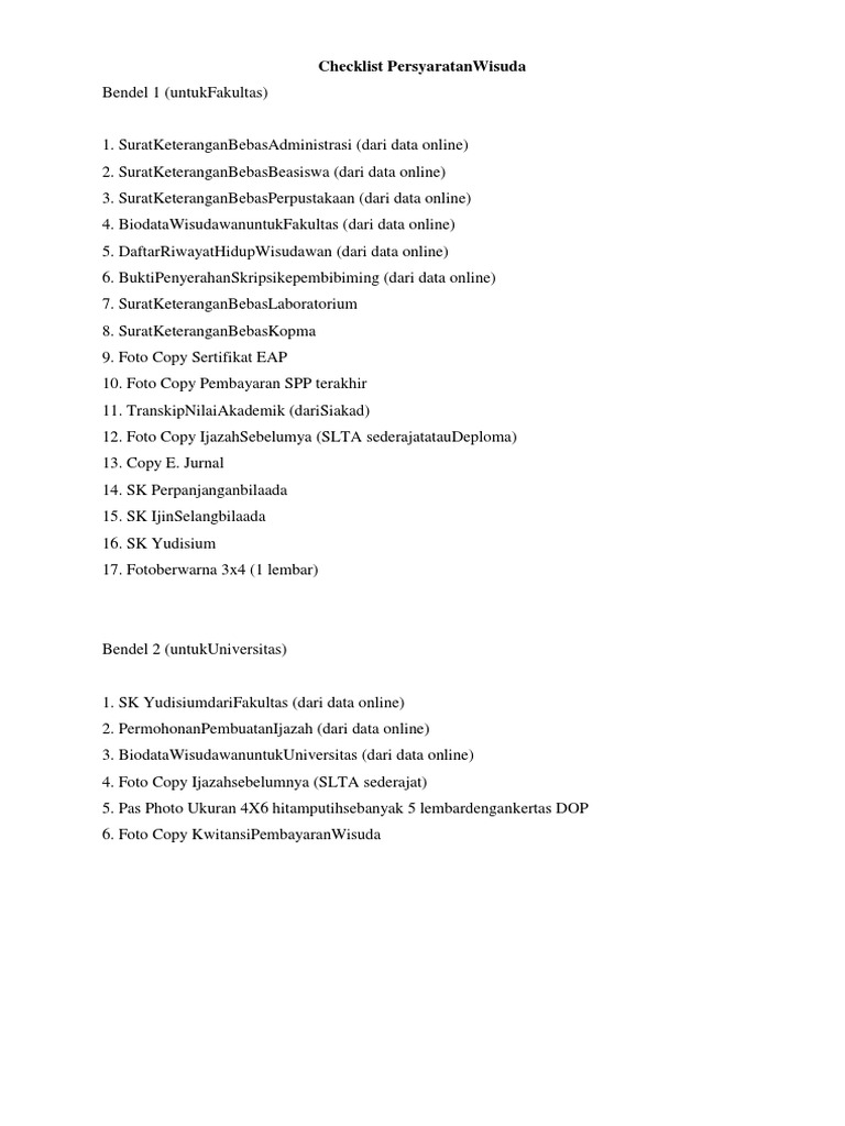Checklist Persyaratan Wisuda Universitas | PDF