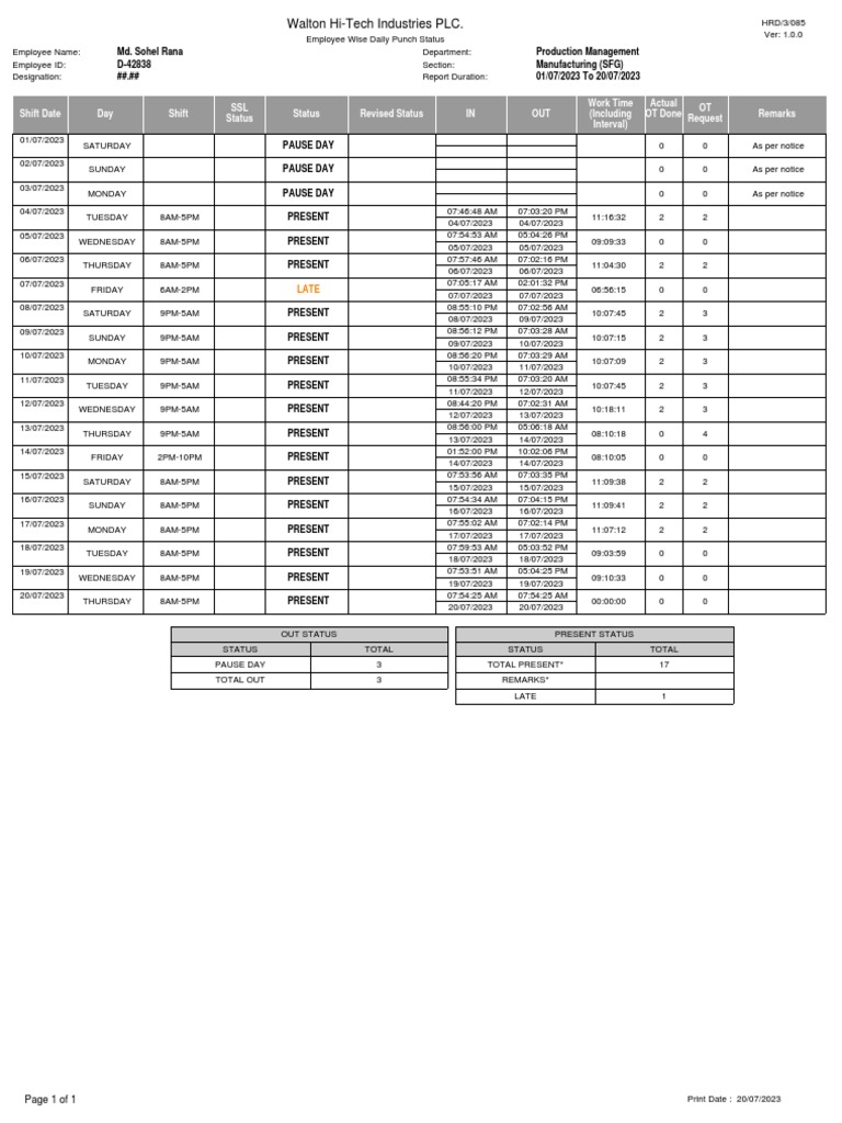 Employee Wise Daily Punch Status | PDF