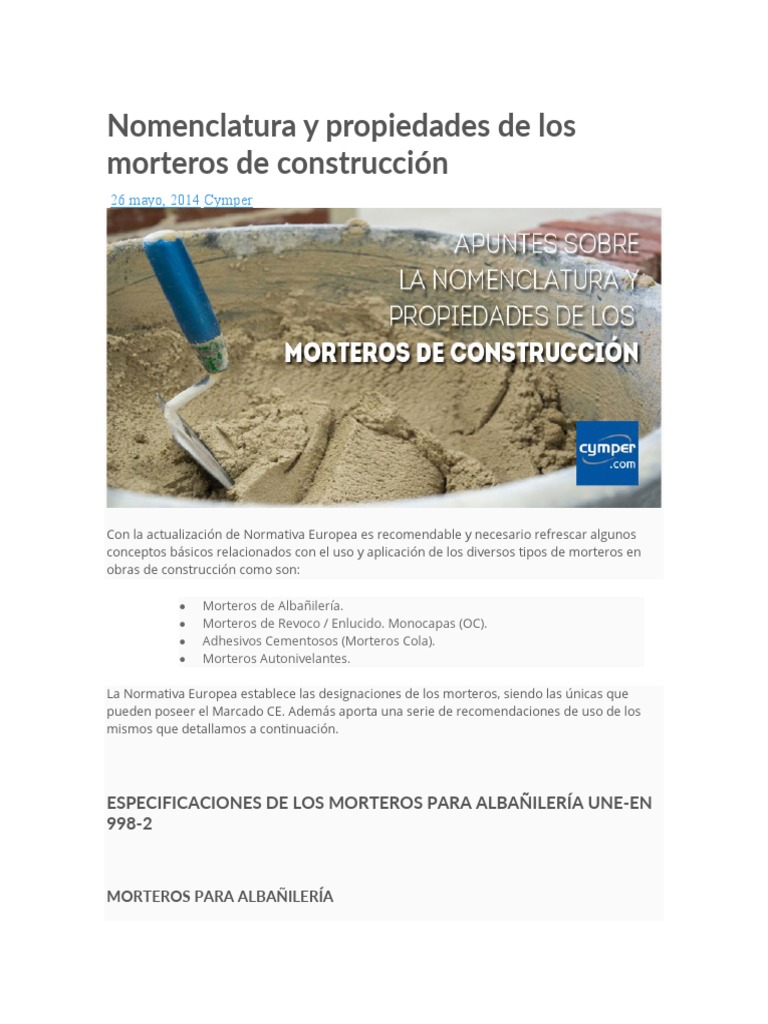 Nomenclatura y Propiedades de Morteros | PDF | Hogar, jardinería y ...
