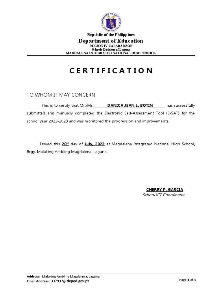 E-SAT Certification 2022-2023 Completion | PDF