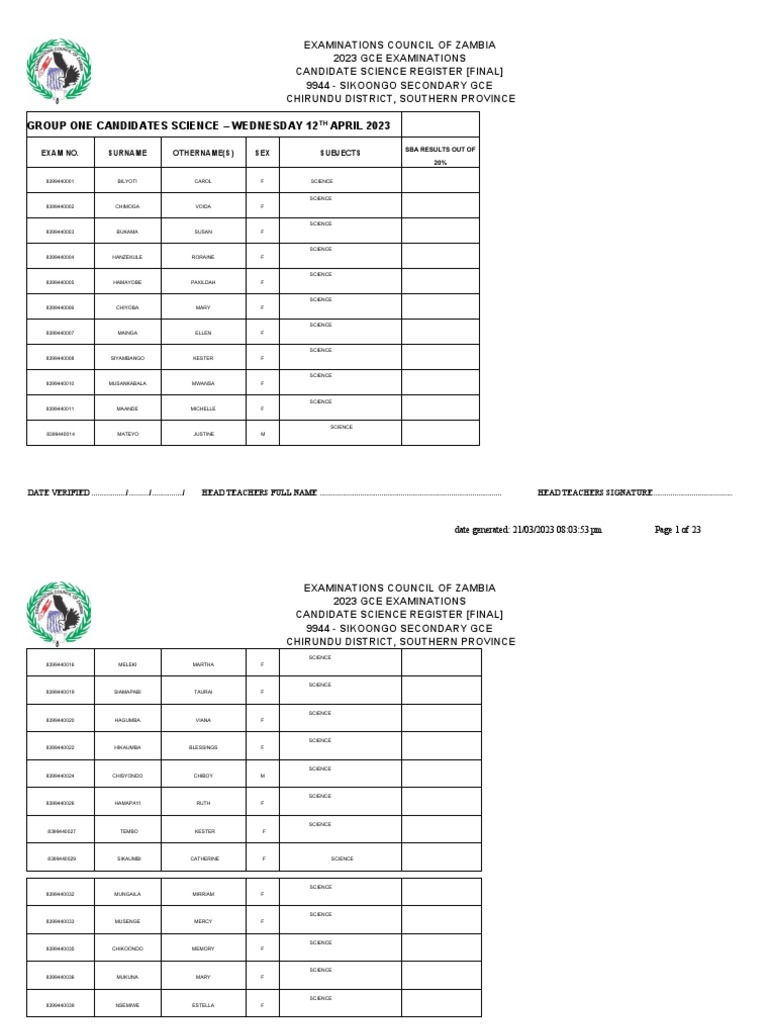 2023 GCE Science Candidate Register | PDF | Student Assessment And ...